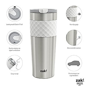 Zak Designs Aberdeen Vacuum Insulated 18/8 Stainless Steel Travel Tumbler with Leak-Proof Click Lid and Silicone Wrap, Fits in Car Cup Holders (Non-BPA, 24 oz, White)