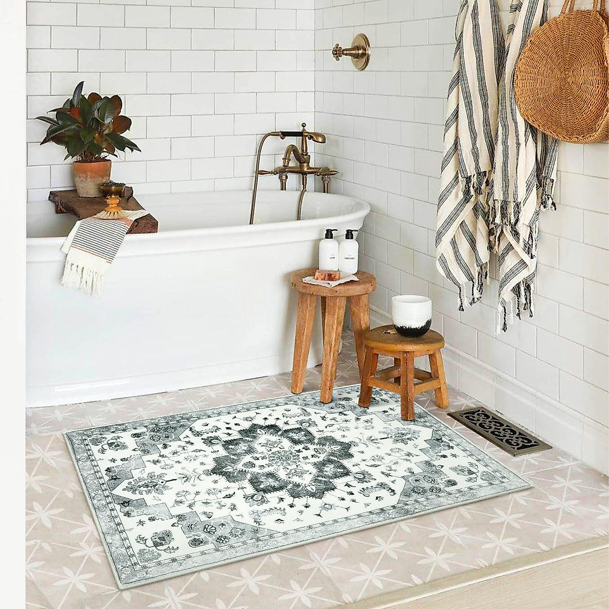 Seavish Boho Bathroom Rugs Non Slip 24"x36" Grey Throw Rugs with Rubber Backing Washable Bath Rugs for Bathroom Traditional Soft and Absorbent Bath Mat Low-Pile Floor Carpet for Laundry Bedside