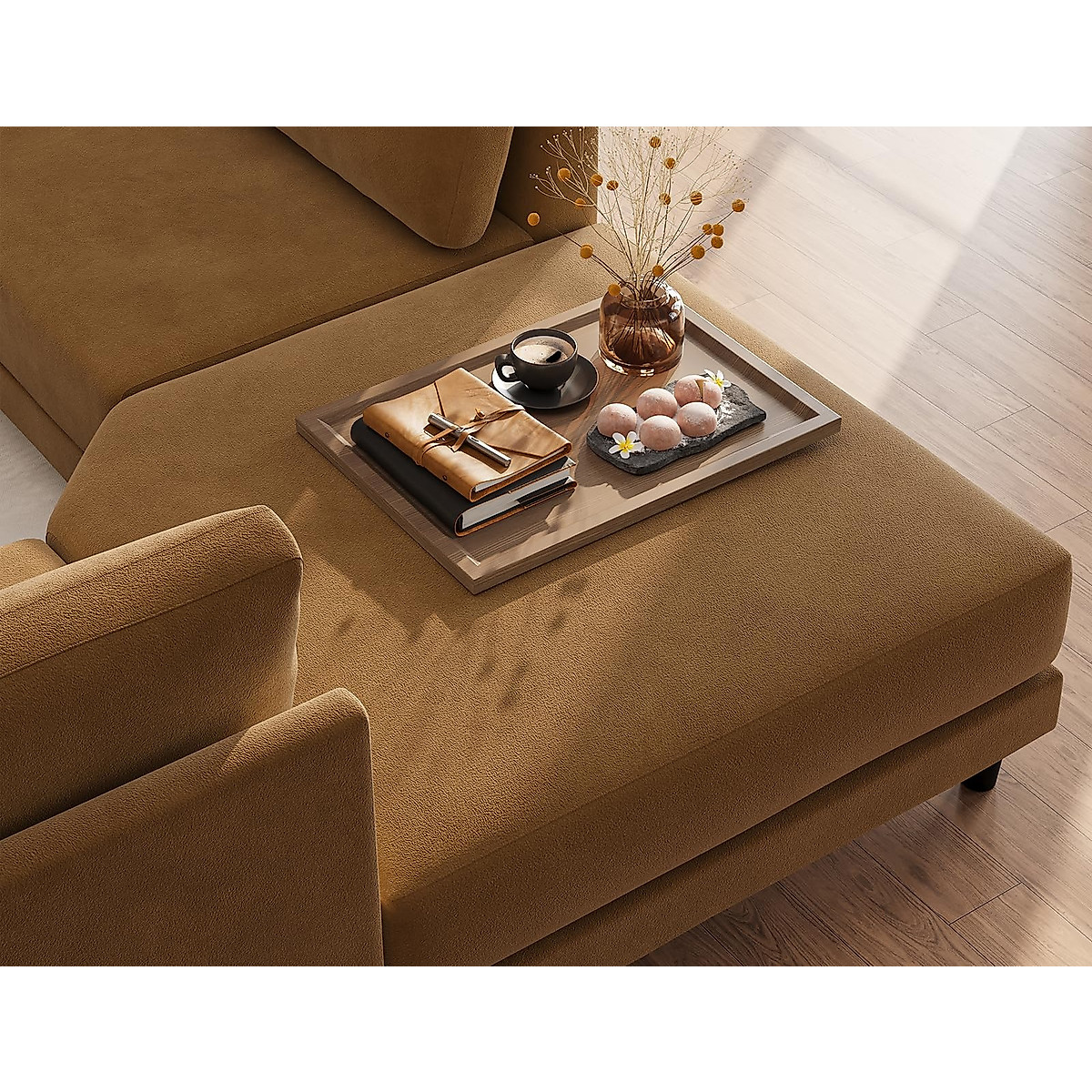 Txtin's 137" Sectional Couches for Living Room, 4 Seat Sectional Couch with Removable Ottoman, Convertible Modular Sofa for Home, Brown