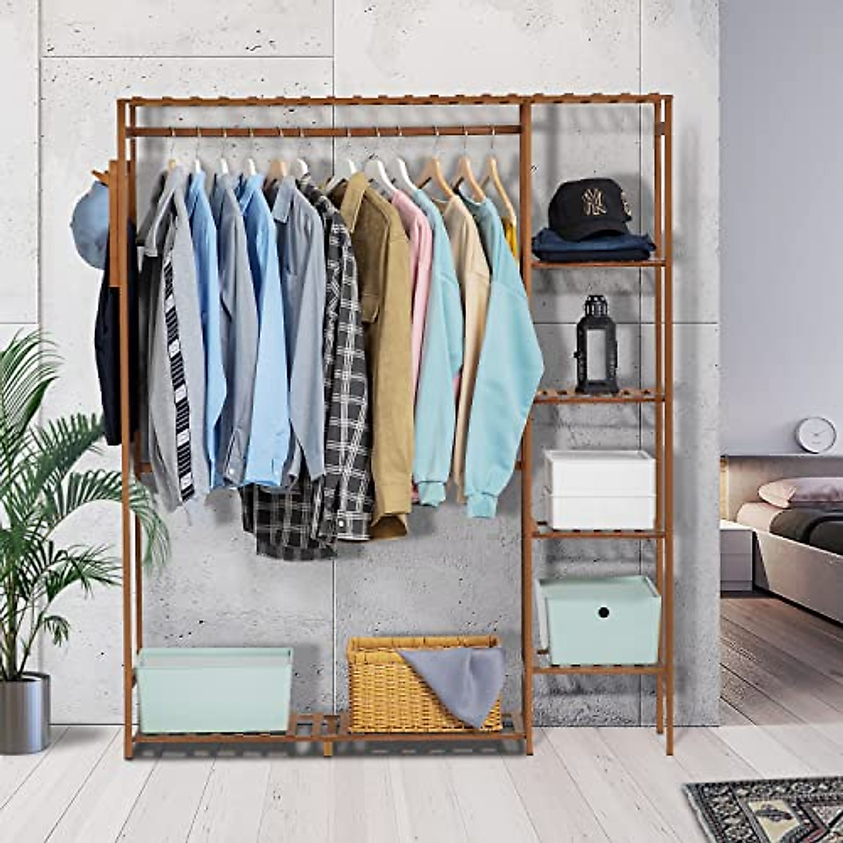 MoNiBloom Bamboo Clothes Rack, 6 Tier Garment Clothing Storage Shelving with Pants Scarves Racks and a Hanging Rob for Bedroom Living Room, Brown