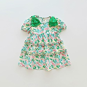 Toddler Kids Baby Girls Summer Casual Short Sleeved Floral Pattern Dress Party Princess Dress (Green, 18-24 Months)