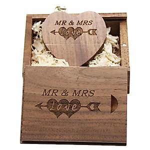 LXSINO 32GB Wood USB 3.0 Flash Drive with Laser Engraved Mr & Mrs Design - 32GB Wooden Heart Shape USB Memory Stick Thumb Drivers with Box for Wedding/Couple/Parents (Walnut 32GB)