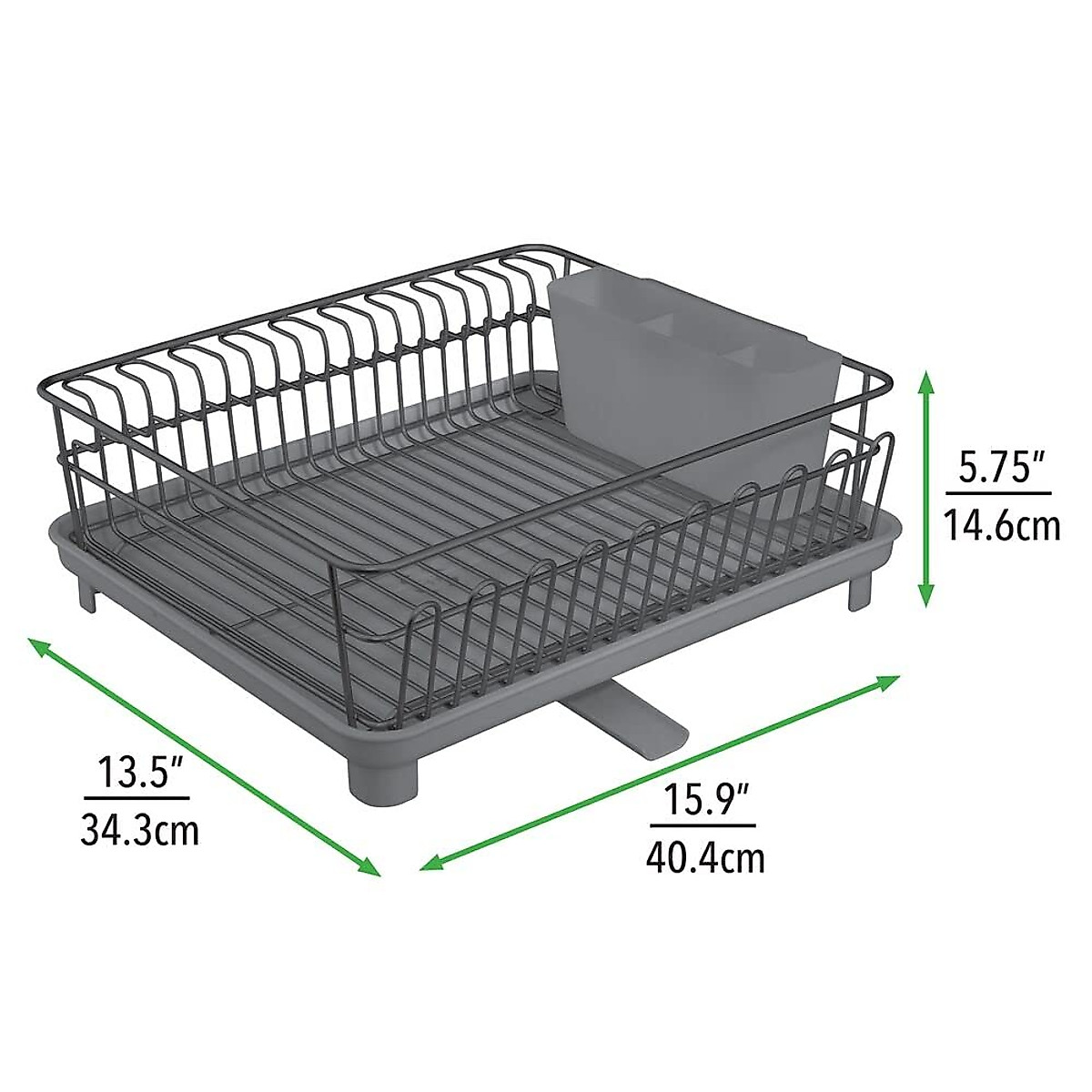 mDesign Large Metal Kitchen Countertop, Sink Dish Drying Rack - Removable Plastic Cutlery Tray, Drainboard with Adjustable Swivel Spout - 3 Pieces - Black/Charcoal Gray