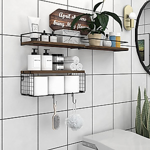 WOCOPIA 3+3 Wall Mounted Bathroom Shelf Over Toilet with Toilet Paper Storage Basket & Hooks, Bathroom Organizers and Storage, Hanging Corner Shelf Floating Shelves for Bathroom Wall Room Decor Brown