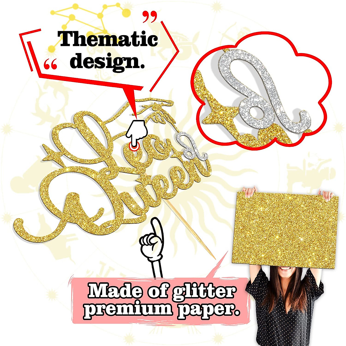 Leo Queen Cake Topper, Big Leo Energy/Leo Season Cake Decor in July August, 12 Zodiac Constellation Leo Birthday Party Decoration Supplies for Women, Gold Glitter