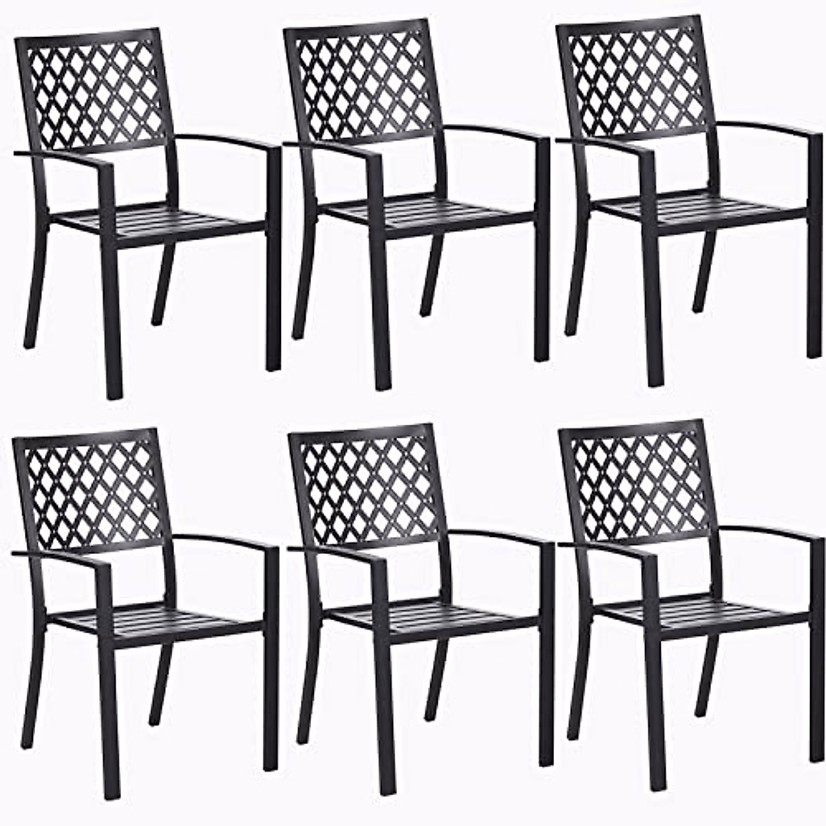 MFSTUDIO Black Metal Patio Stacking Chairs Wave Back Indoor Outdoor Dining Set Wrought Iron Chair with Arm, Set of 6