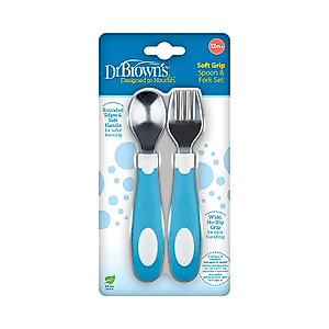 Dr. Brown’s Designed to Nourish Soft-Grip Spoon and Fork Set, Coral & Blue, 4-Pack