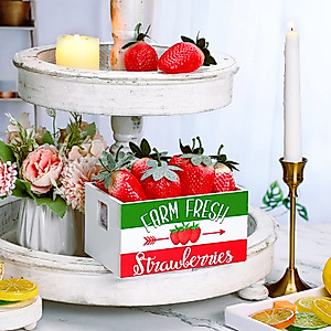 Lemon Decor Mini Wooden Crate Set Summer Tiered Tray with 8 Faux Lemons Beach Wooden Crate Decor with Shell Farmhouse Strawberry Wooden Crate Summer table Decor for Kitchen Decor (Strawberry Style)