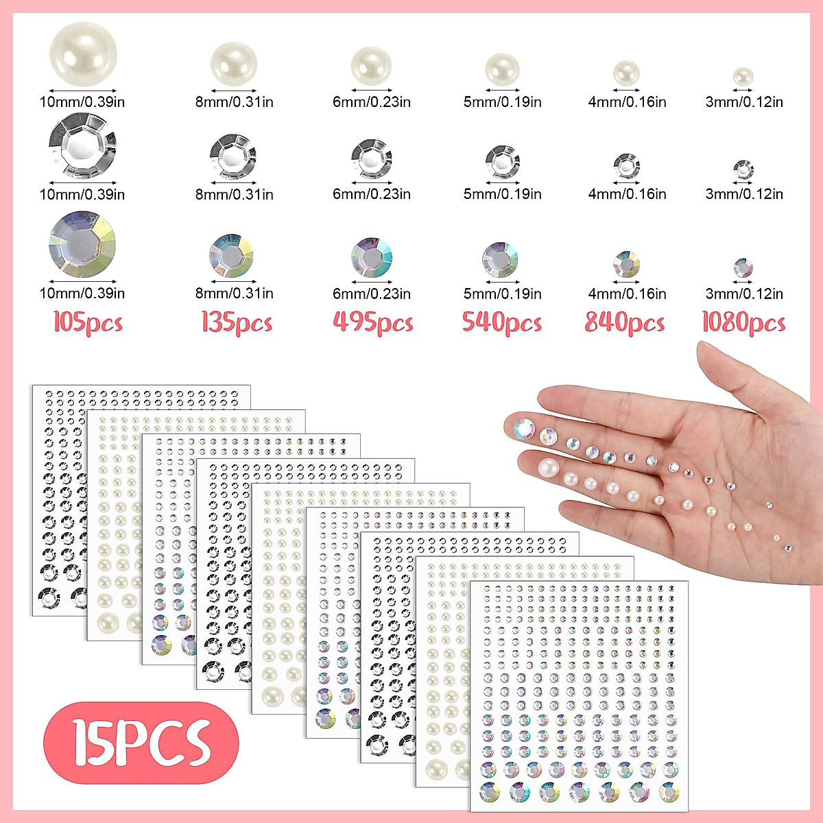 15 Sheets 3195 Pcs Self Adhesive Rhinestones Pearls, 6 Sizes Face Gems Jewels Pearl Stickers Stick On Hair Gems for Halloween Decoration Makeup Crafts