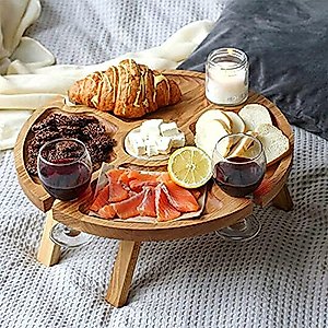 Bomeiqee Wooden Folding Picnic Table with Wine Glass Holder - Portable Creative 2 in 1 Wine Glass Rack & Compartmental Dish for Cheese and Fruit for Outdoor