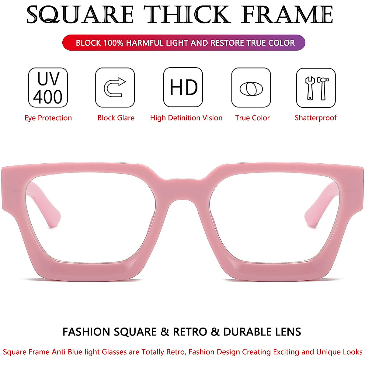 AIEYEZO Square Thick Frame Glasses for Women Men Fashion Blue Light Glasses Trendy Chic Computer Eyeglasses (Pink)