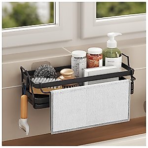 LBTING Sponge Holder for Kitchen Sink, Wall Mounted Sink Caddy with Self-Draining Drain Tray, Stainless Steel Kitchen Sink Caddy for Organizing Sponge, Brush, Soap Dish Dispenser – Black