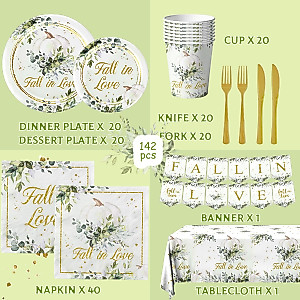 Fall in Love Bridal Shower Decorations Fall Bridal Shower Tableware-142pcs White Pumpkin Greenery Fall in Love Plates Napkins Tablecloth for Wedding Engagement Supplies