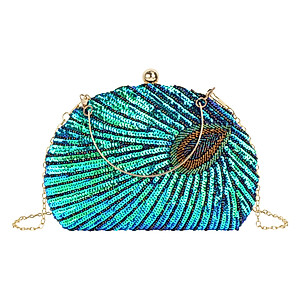 ZLM BAG US Beaded Sequins Seashell Evening Clutch Purse Mini Chain Crossbody Bag Peacock Shell Shoulder Bag