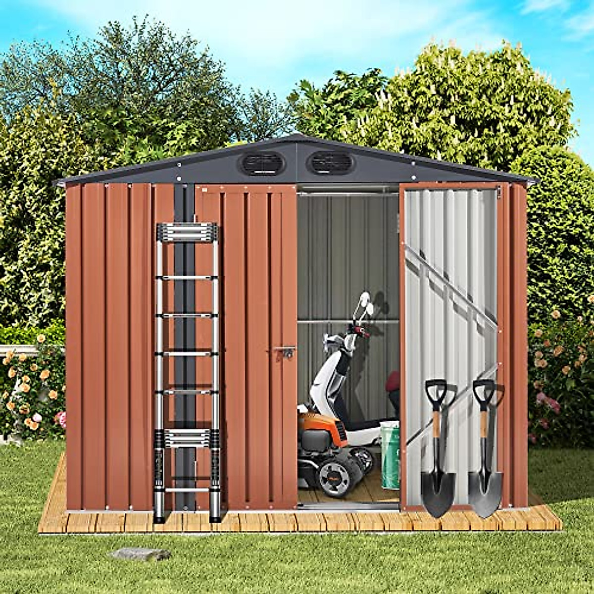 JAORD 8 x 6 FT Storage Shed, Outdoor Galvanized Steel Shed, Outside Garden Tool Storage House with Lockable Door for Patio, Backyard, Lawn Mower, Dark Brown…