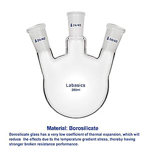 Labasics Glass 500ml 3 Neck Round Bottom Flask RBF, with 24/40 Center and Side Standard Taper Outer Joint, 500ml