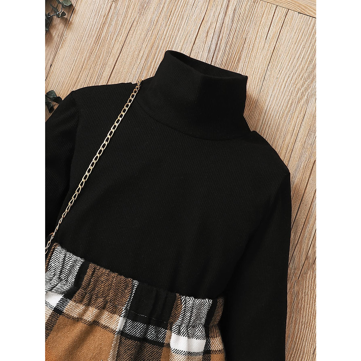 Floerns Girls 2 Piece Outfit High Neck Tee Shirt with Plaid Mini Skirt Set Black Multi 8 Years