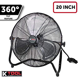 K Tool International 77722; 20 Inch, High Velocity Quick Mount Floor Fan, Converts to Wall Fan, 3- Speed Motor, 360 Degree Tilt, Ideal Fan for Home or Office, 5.5 Foot Cord, 2,989 Max CFM, Black