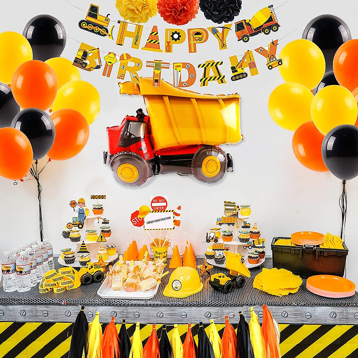 Construction Birthday Party Supplies, 58 Pack Dump Truck Birthday Decorations with Foil Latex Balloons, Paper Tassels, Flower Balls, Cupcake Toppers, Vehicle Banner for Kids Boys Grils Birthday