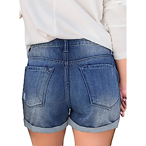 LookbookStore Jean Shorts for Women Summer Ripped Denim Shorts Women Stretchy Jean Shorts 2024 Women High Waist Ripped Folded Hem Distressed Denim Jean Shorts Pants Navy Peony Size L Size 12 Size 14