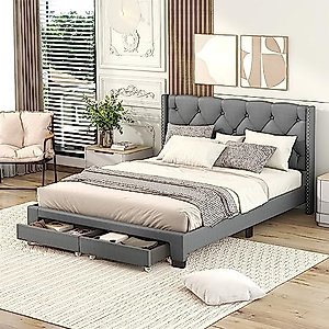 FANYHOME Queen Size Linen Upholstered Platform Bed Frame with Two Storage Drawers and Headboard for Boys Girls Teenager,Gray