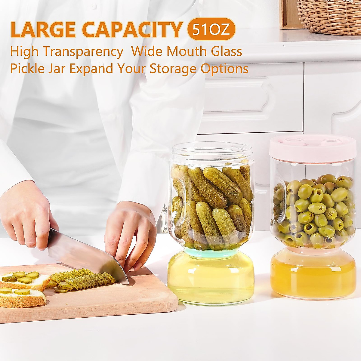 ZENS Glass Pickle Jar with Strainer Flip, 2 Pack 51oz Anti-Slip Large Pickle Container, Airtight Hourglass Pickle Juice Separator Canning Jar for Storage Olive, Gherkin, Dill Sliced Pickles.