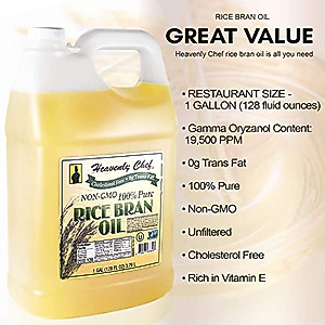 RICE BRAN OIL | 1 Gallon (128 Ounces) | Kosher | All- Natural, Made from 100% Non-GMO Rice | Rich in Vit E and Gamma Oryzanol | Unfiltered, No Trans Fat | by Heavenly Chef