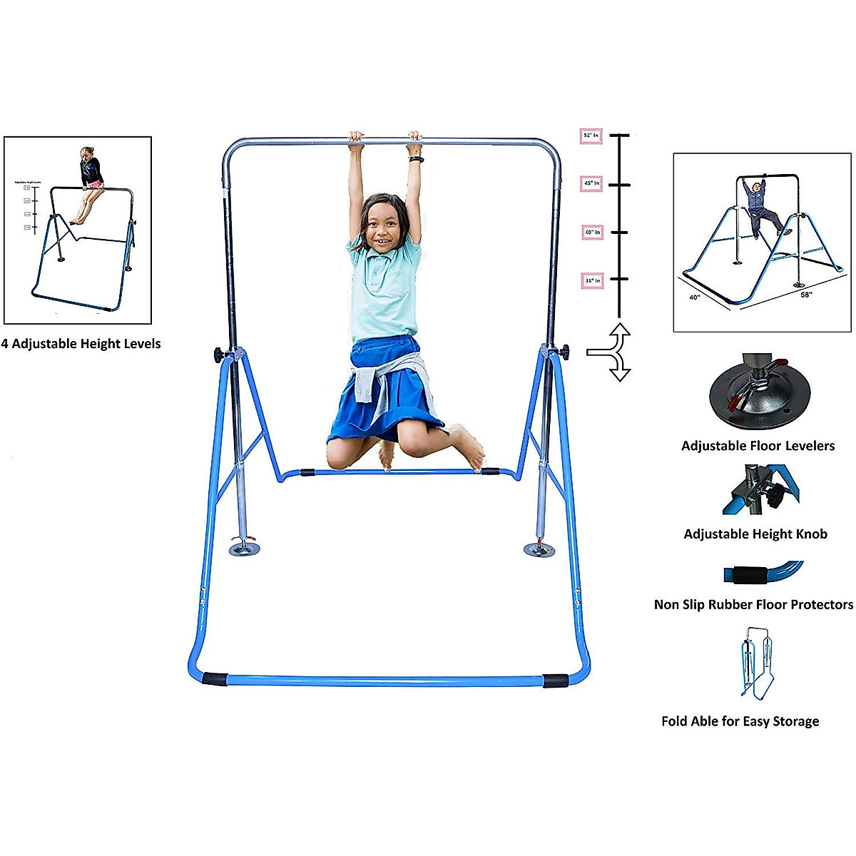 Kids Home Gymnastics Bar Jungle Gym 3 in 1 Set Deluxe Swing Seat, Trapeze Rings, Horizontal Kip Bar Height Adjustable Monkey Bar, Expandable Junior Training Gymnastic Balance Bar, Swing Set (Blue)