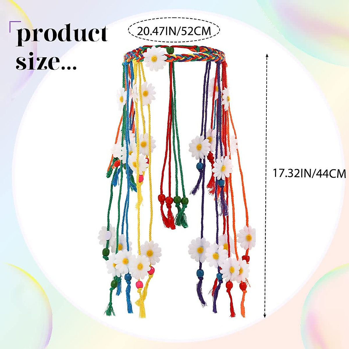 GENBREE Boho Daisy Headband Rainbow Braided Headpiece Summer Beach Tassel Hairband Floral Hippie Hair Accessories for Women and Girls (Multi-colored)