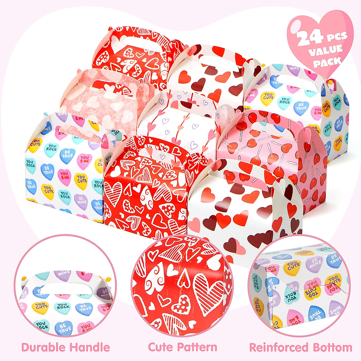 JOYIN 24 Pcs Valentine’s Day Bakery Treat Boxes 6x5.5x3 inch, Valentines Cupcake Cardboard Boxes Cookie Gable Boxes Heart Goody Bags for Valentine Classroom Treats, Party Favors Gift Giving Gift Exchange Gift Box