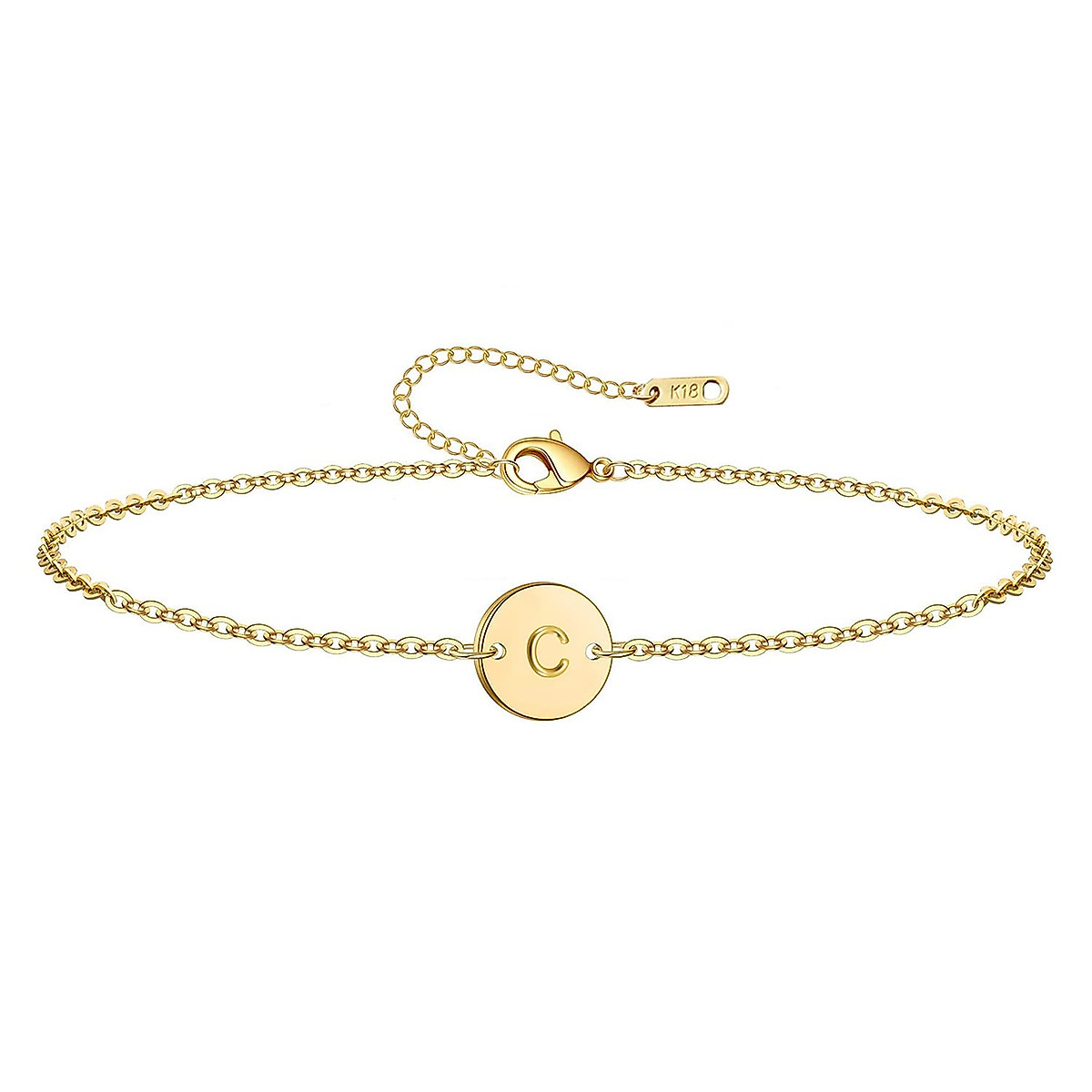 Initial Charm Bracelets, 18K Gold Plated Stainless Steel Dainty Small Round Coin Disc Initial Bracelet Engraved Letters C Personalized Name Bracelet for Women