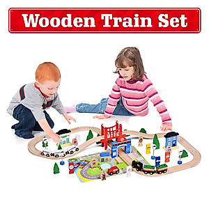 FUN LITTLE TOYS Wooden Train Track - 80 Pieces Wooden Railway Set for Toddlers, Boys and Girls 3, 4, 5 Years Premium Wood Construction Toys