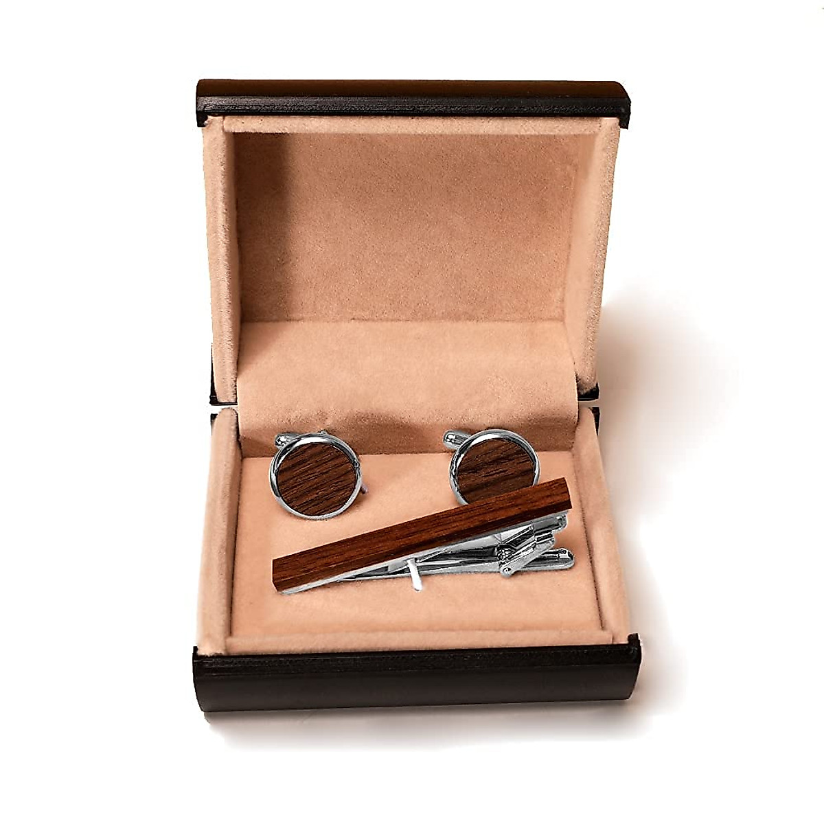 Wood Tie Clip and Cufflink Sets for Men, 2 inch Tie Clips Sets for Men Wood Inlay Tie Clip & Round Cufflinks with Gift Box,Tie Clips Set for Formal Business Wedding
