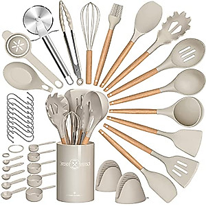 Umite Chef 36pcs Silicone Kitchen Cooking Utensils with Holder, Heat Resistant Cooking Utensils Sets Wooden Handle, Khaki Nonstick Kitchen Gadgets Tools Include Spatula Spoons Turner Pizza Cutter