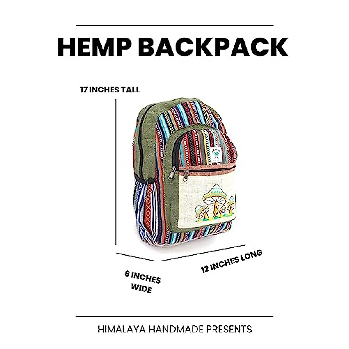 Unique Mushroom Embroidered Tie Dye Himalaya Hemp Large Hippie Backpack Festival Backpack FAIR TRADE Handmade with Love. (GREEN)