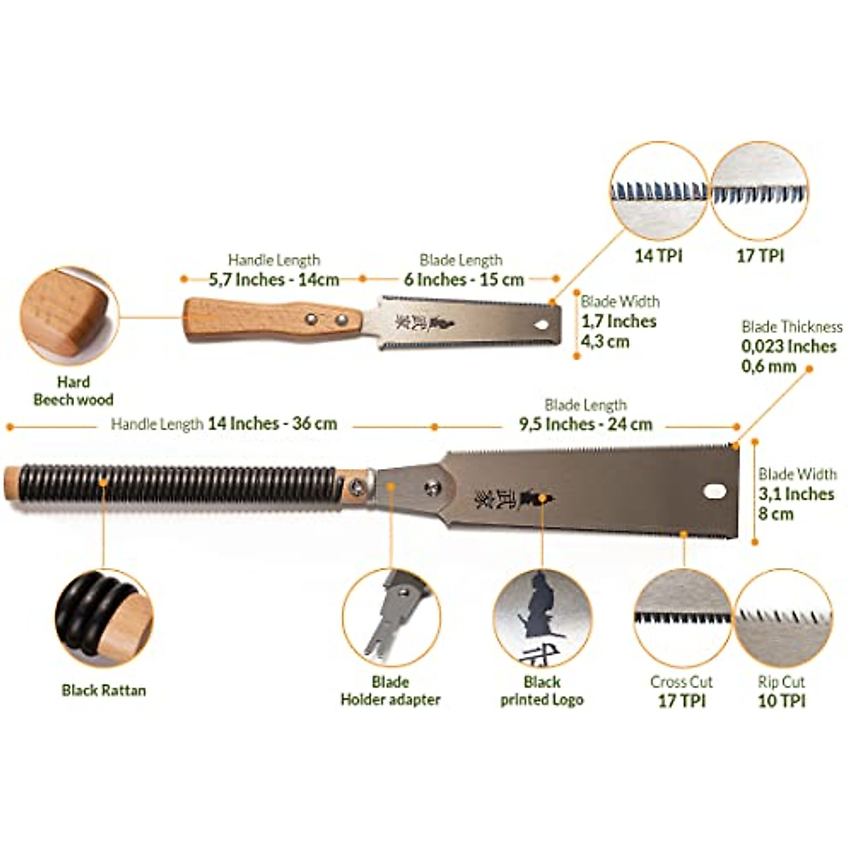 Set of 2 - Ryoba Japanese Pull Saw 9.5 Inch and Flush Cut Saw 6 Inch – Woodworking Tools Ryoba Table Saw – Steel Blades and Wood Handles, Handsaw 2 Cutting Edges– Japanese Hand Saw for Carpentry, DIY