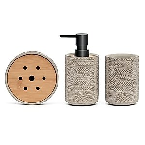 Bathroom Accessory Set, Grey Soap Dispenser Toothbrush Holder Set, Concrete Bathroom Accessories Set - Includes Soap Dispenser, Tumbler, Soap Dish (Vintage Engraving - Concrete)