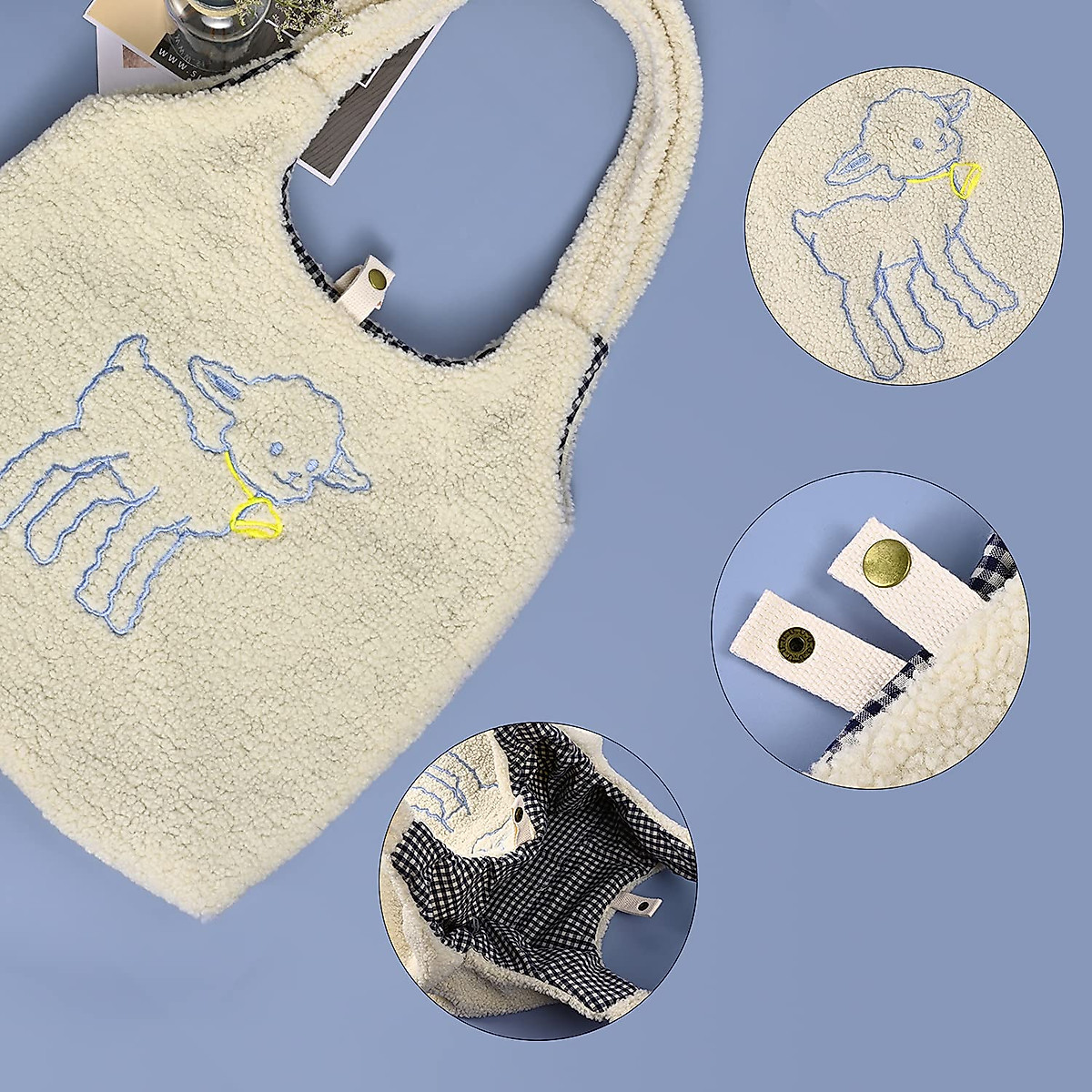 FVVMEED Plush Lamb Bag Tote Purse Lamb Like Fabric Shoulder Bag Simple Shoulder Women Casual Handbag