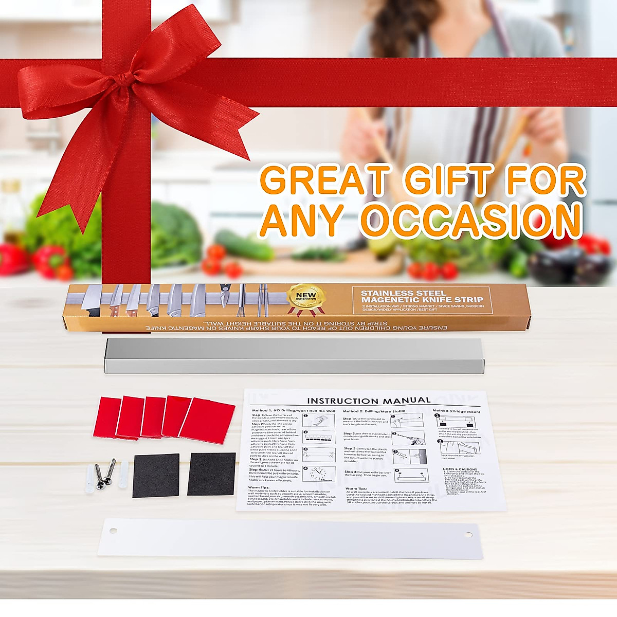 Ninonly 10 Inch Magnetic Knife Holder for Refrigerator, Stainless Steel Double Sided Magnet Knife Strip for Wall, No Drilling Magnetic Knife Rack with Powerful Magnetic Pull Force Fridge Applicable