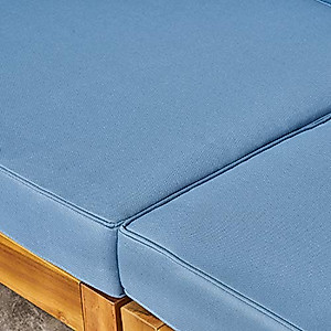 Great Deal Furniture GDFStudio Outdoor Farmhouse Acacia Wood 8 Seater U-Shaped Sectional Sofa Set with Fire Pit, Teak, Blue, and Dark Gray