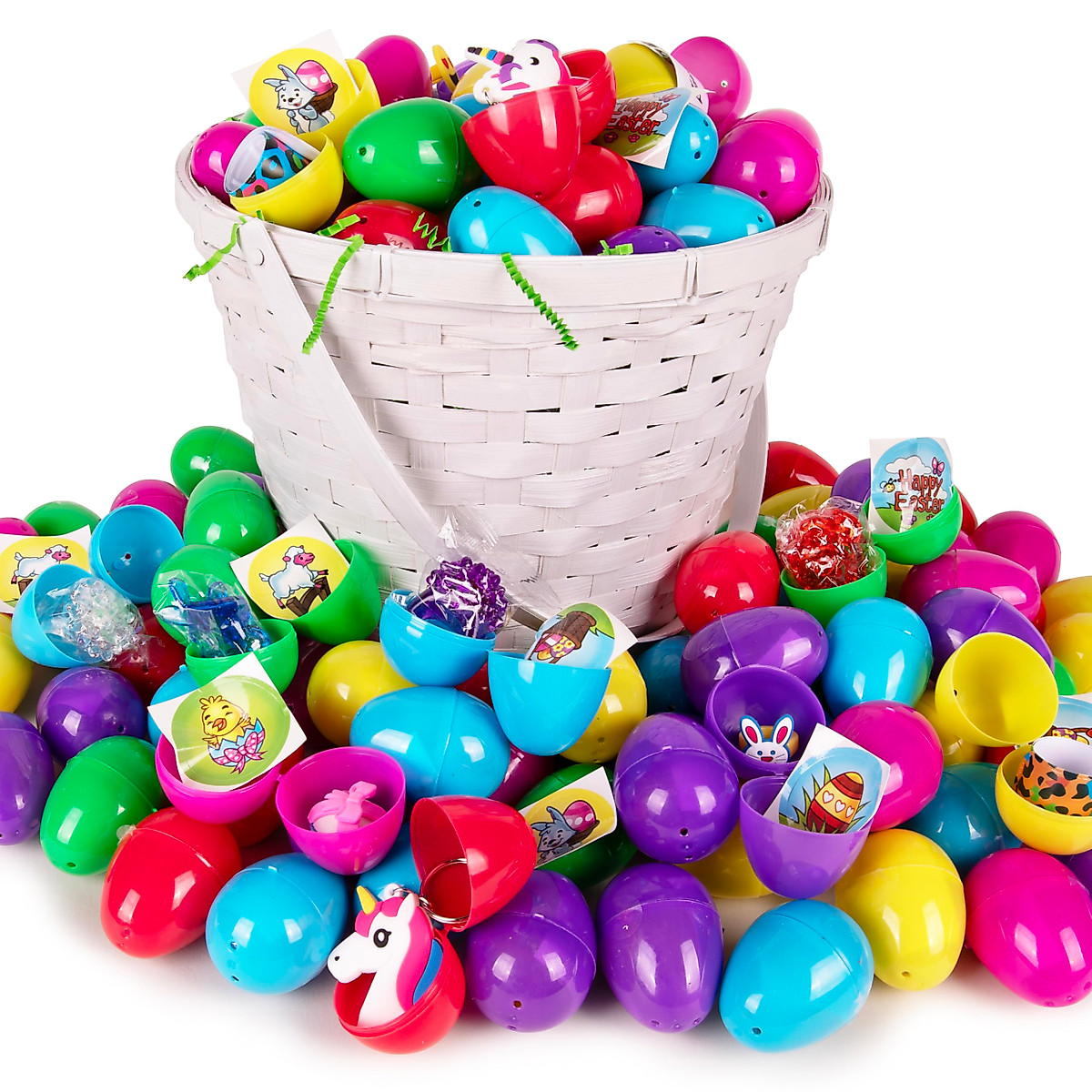 100-Pcs Easter Eggs with Toys Inside I Prefilled Easter Eggs Includes Slap Bracelets, Sticky Hands, Light Up Rings & More I Plastic Easter Egg Fillers for Your Easter Egg Hunt Bulk Easter Party Favors