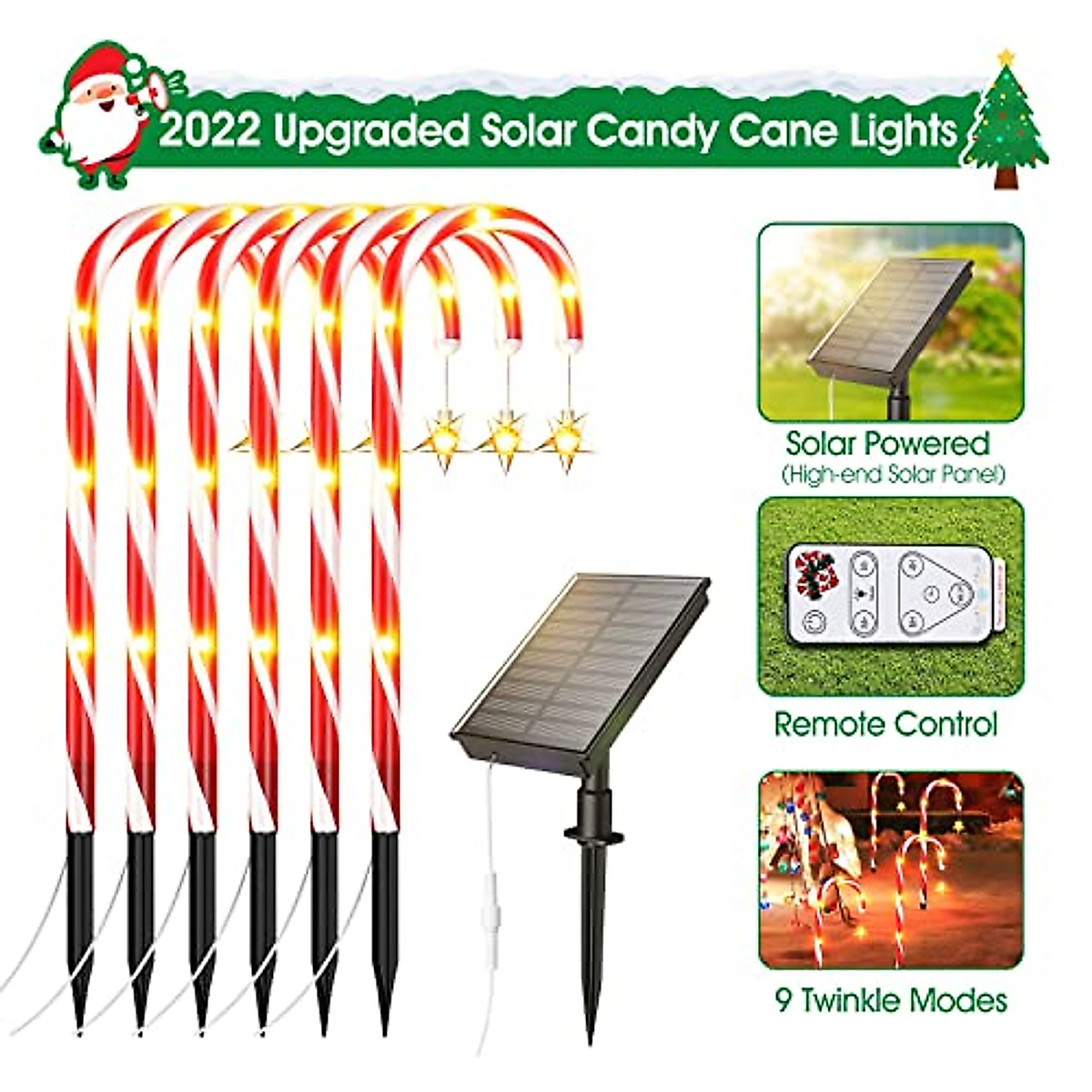 BUCASA 12 Pack Christmas Decorations Outdoor Solar Candy Cane Lights, Upgraded Waterproof Solar Pathway Markers Yard Lights with Star & Remote Control, 9 Modes Xmas Decorations for Garden Yard Decor