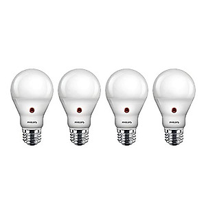 Philips LED 466565 BC8A19/AMB/827/ND D2D 120V 4/1 60 Watt Equivalent Soft White Dusk-Till-Dawn Indoor/Outdoor A19 LED Light Bulb, 4 Pack