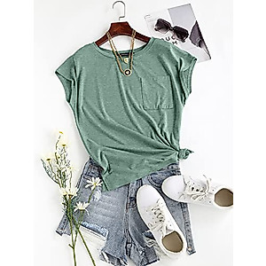 MEROKEETY Women's Casual Cap Sleeve T Shirts Basic Summer Tops Loose Solid Color Blouse Green
