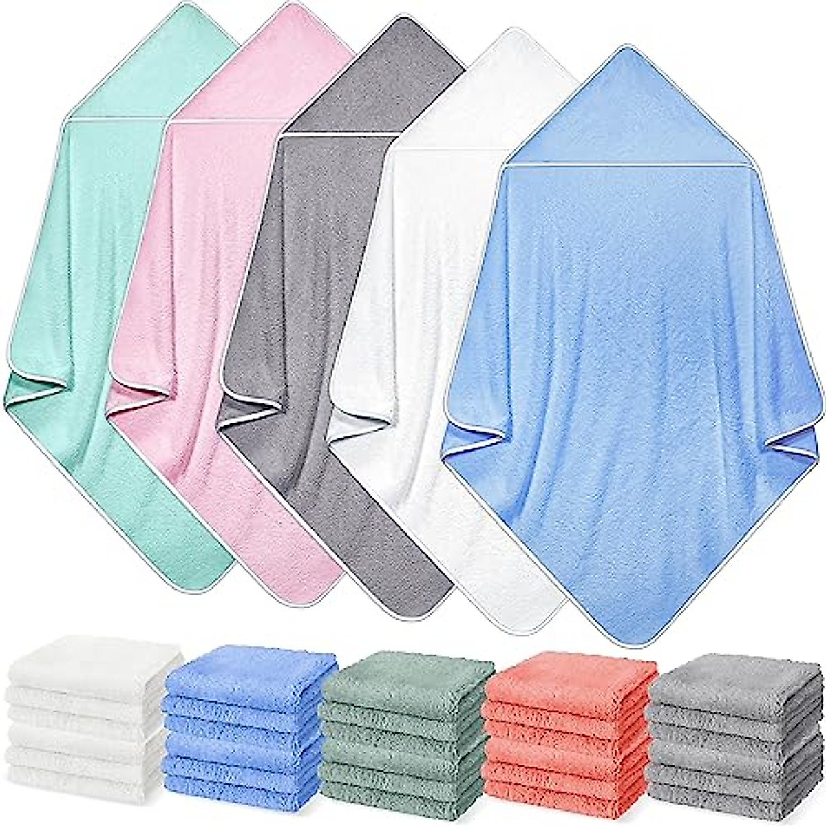5 Pcs Baby Bath Towel and 15 Count Baby Washcloths Sets, Hooded Baby Towels for Newborns Infants and Toddlers Soft Coral Fleece Toddler Towels for Newborn Boy Girl