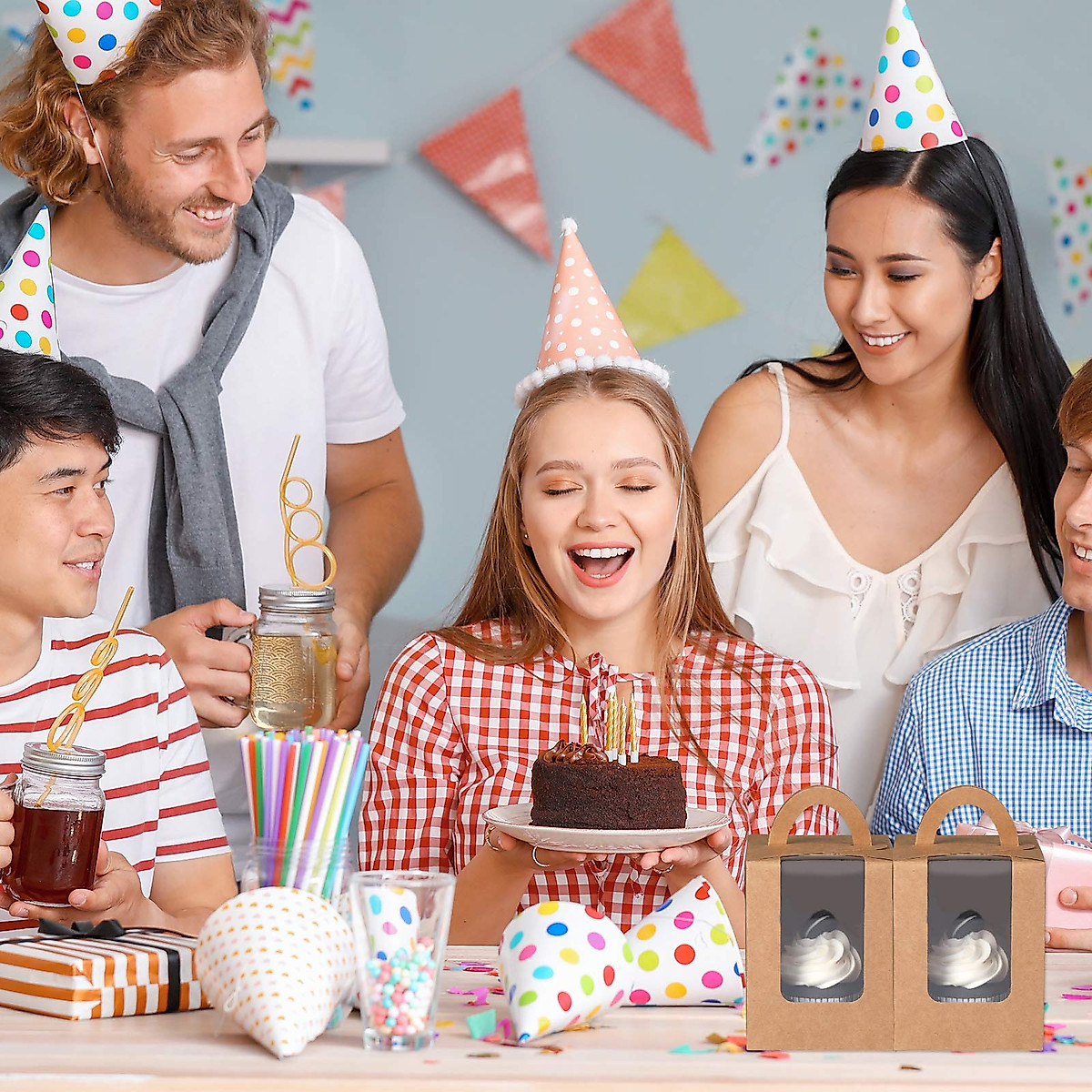 Moretoes 60 Pcs Individual Cupcake Boxes, Brown Single Cupcake Boxes with Window Inserts and Handle, Kraft Cupcake Containers Bulk for Bakery Wrapping Party Favor Packing