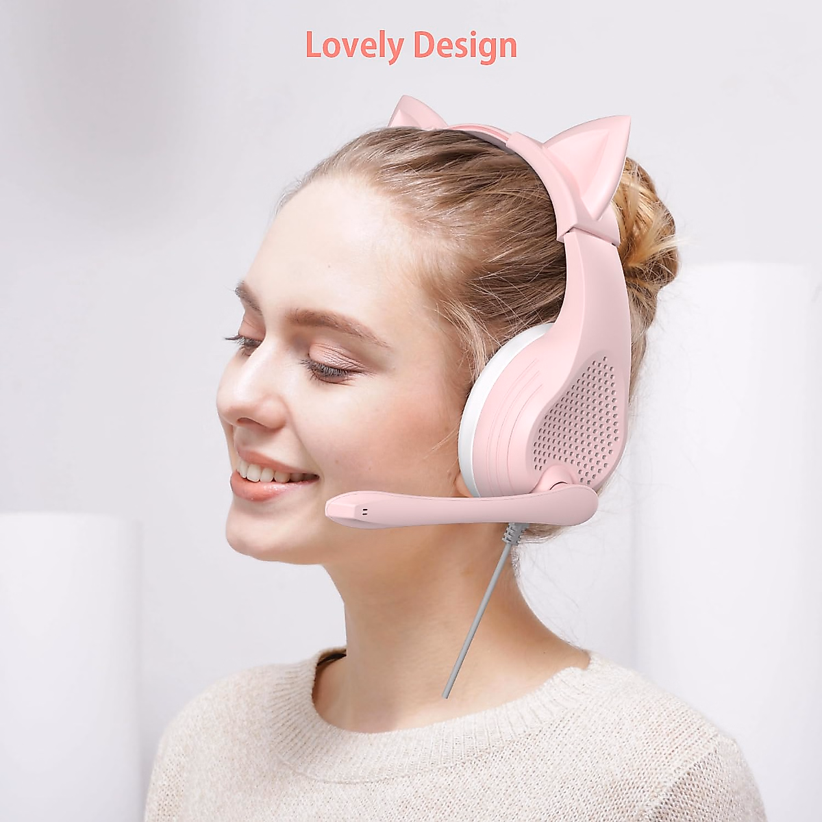 Mokochy Gaming Headsets with Mic Noise Cancelling Headphone Pink with Cat Ears Girly Headset with Microphone Wired 3.5mm Headphones for PC/Mac Headphones