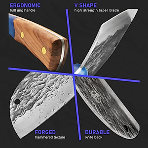 ZENG JIA DAO Forged Serbian Chefs Knife, 7'' Cleaver Knife HC Steel Butcher Knife Ergonomic Pakka Wood Blue Resin Handle for Kitchen/Restaurant/Slaughter House 2024 Gift