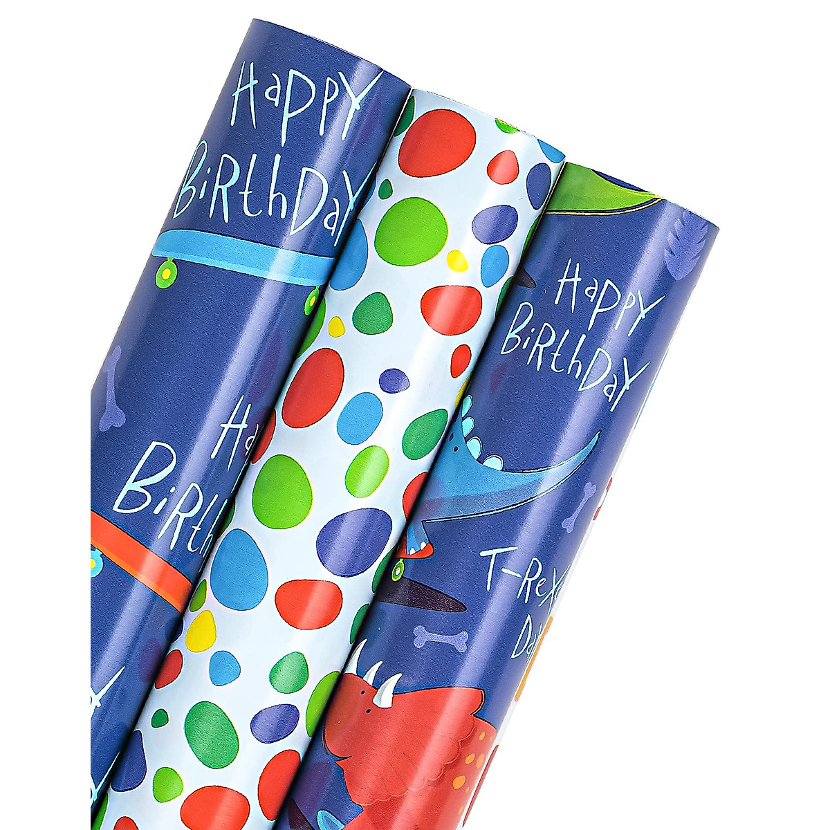 WRAPAHOLIC Birthday Wrapping Paper Roll - Mini Roll - 3 Rolls - 17 Inch X 120 Inch Per Roll - Cute Dinosaurs, Happy Birthday Lettering, Polka Dot for Kid's Birthday, Baby Shower