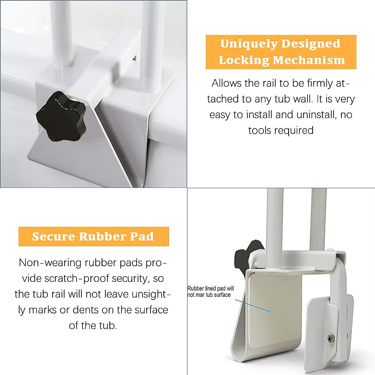 MOASKER Bathtub Safety Rail,White Bathtub Rail Clamp Railing Bath Support Adjustable Shower Hand Grip Handle Assist Grab Bar